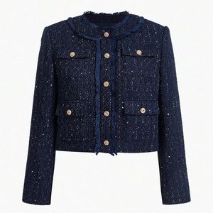 Jackets & Coats | Premium Cropped Glitter Tweed Jacket In Navy Blue ...